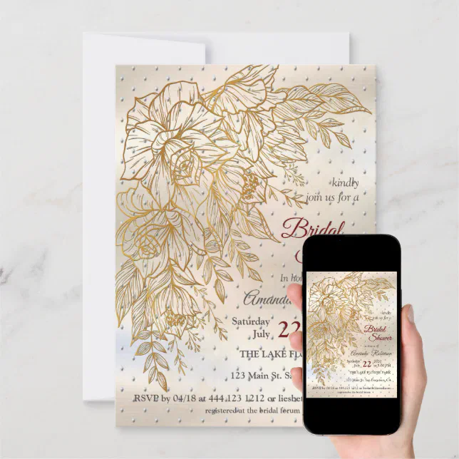 Gold Elegant Rose line drawing Invitation | Zazzle