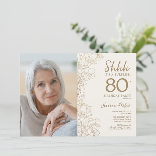 Gold Elegant Surprise Photo 80th Birthday Invitation | Zazzle