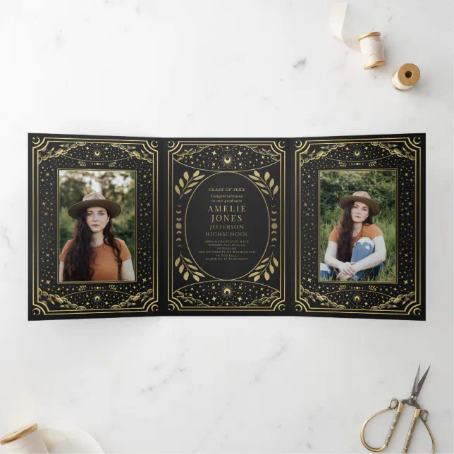 Gold Elegant Tarot Photo Graduation Party Tri-Fold Invitation | Zazzle