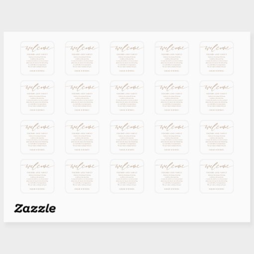 Gold Elegant Wedding Welcome Gift Bag Basket Square Sticker | Zazzle