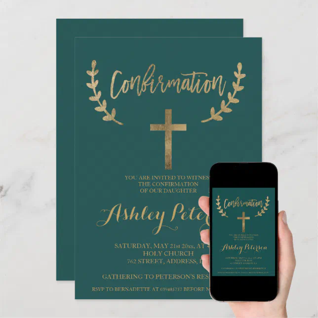Gold emerald elegant typography confirmation invitation | Zazzle