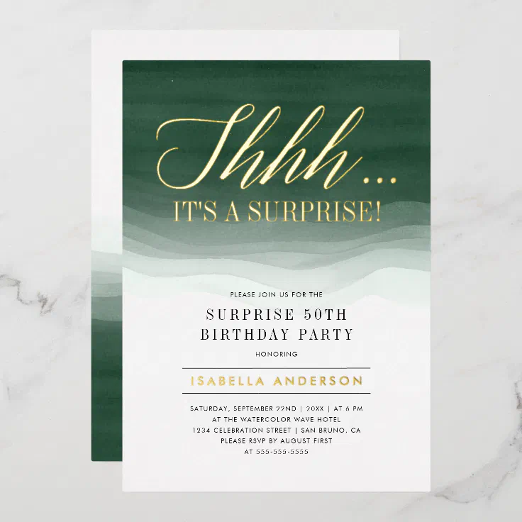 Gold & Emerald Green Watercolor Surprise Birthday Foil Invitation | Zazzle