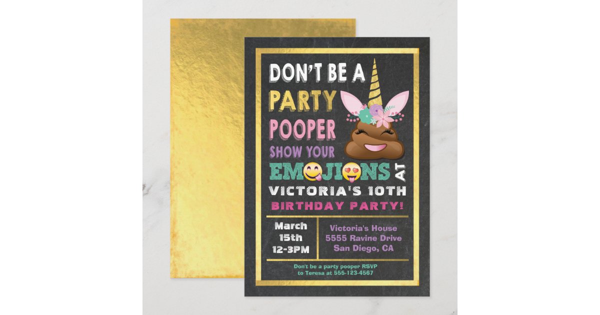 Gold Emoji Party Pooper Unicorn Birthay Invitation | Zazzle