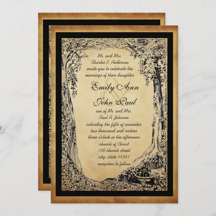 Gold Enchanted Forest Tree Arch on gold Metallic Invitation | Zazzle
