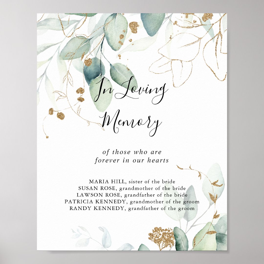 Gold Eucalyptus Calligraphy In Loving Memory Sign | Zazzle