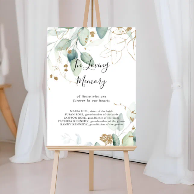 Gold Eucalyptus Calligraphy In Loving Memory Sign | Zazzle