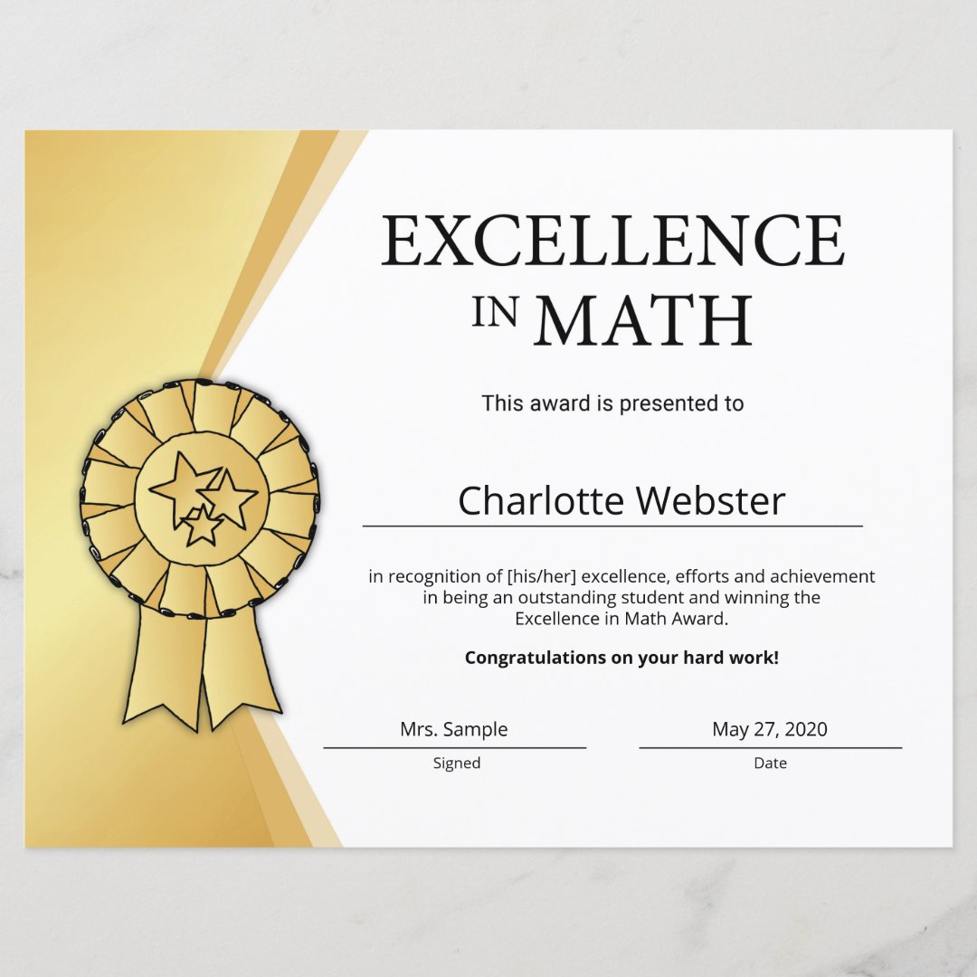 Gold Excellence in Math Certificate Award | Zazzle