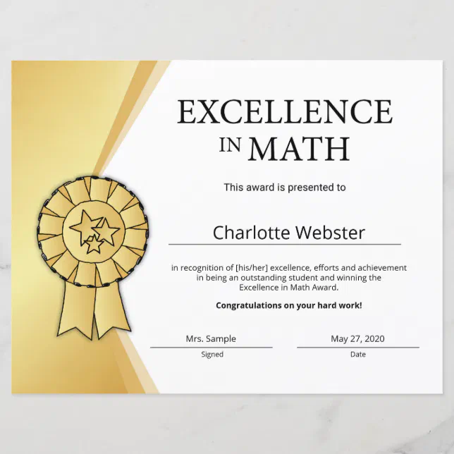 Gold Excellence in Math Certificate Award | Zazzle