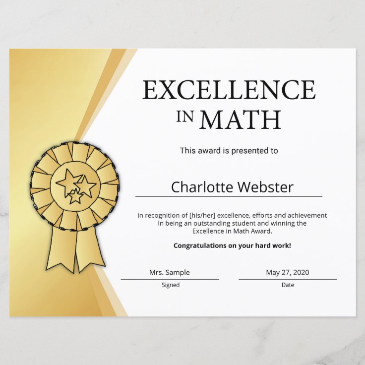 Gold Excellence in Math Certificate Award | Zazzle