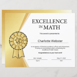 Gold Excellence in Math Certificate Award | Zazzle