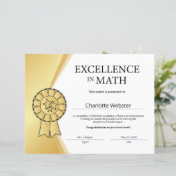 Gold Excellence in Math Certificate Award | Zazzle