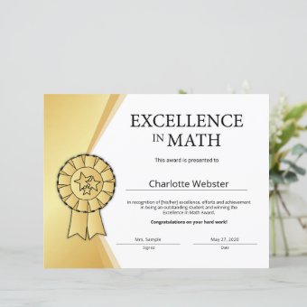 Gold Excellence in Math Certificate Award | Zazzle