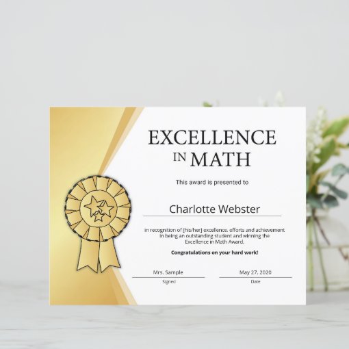 Gold Excellence in Math Certificate Award | Zazzle
