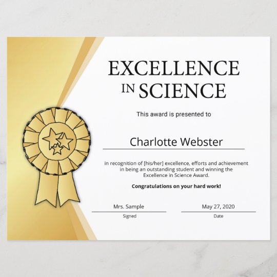 Gold Excellence in Science Certificate Award | Zazzle.com