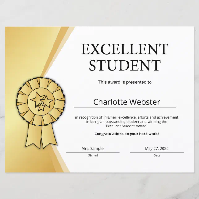 Gold Excellent Student Award Honor Certificate | Zazzle