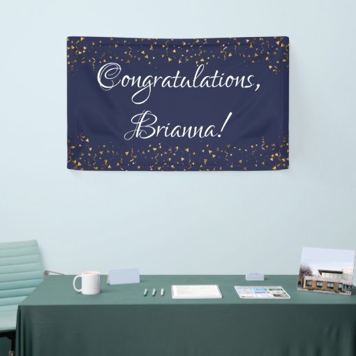 Gold Faux Confetti, Dark Navy Blue Congratulations Banner | Zazzle