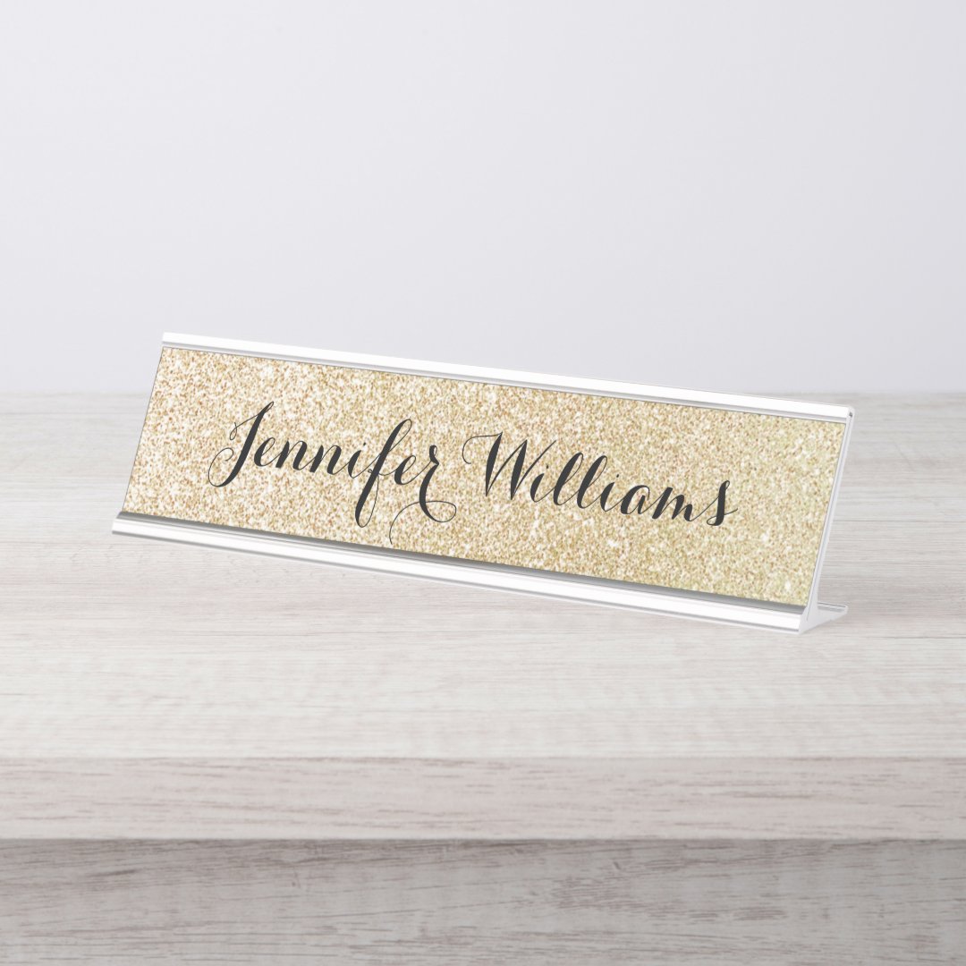 Gold Faux Glitter Custom Name Desk Name Plate | Zazzle