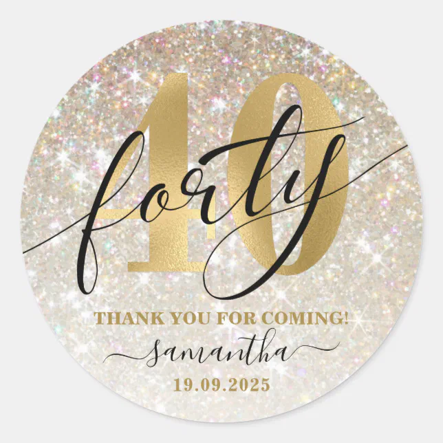 Gold Faux Glitter & Foil 40th Birthday Party Classic Round Sticker | Zazzle