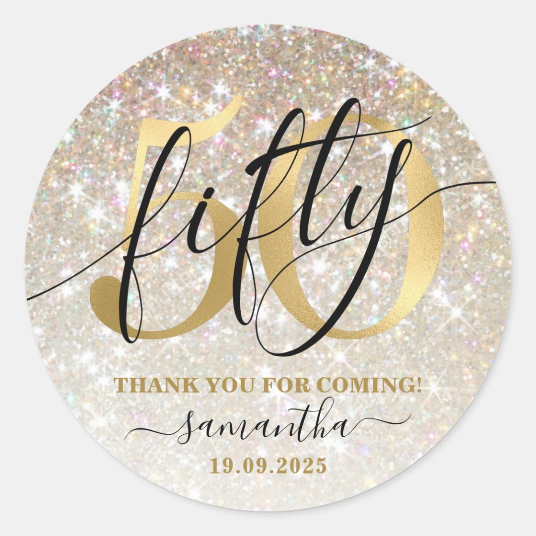 Gold Faux Glitter & Foil 50th Birthday Party Classic Round Sticker | Zazzle