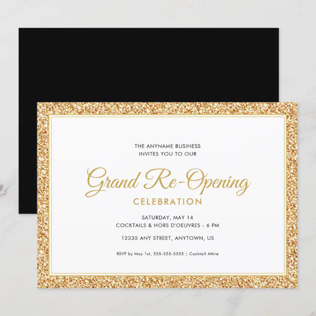 Gold Faux Glitter | Grand Re-Opening Invitation | Zazzle