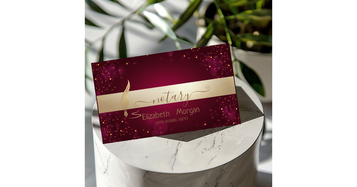 Gold Feather Dark Red Notary Signing Agent Business Card | Zazzle