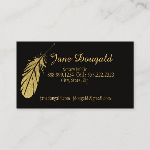Gold Feather Pen Black Classic Notary Business Card | Zazzle