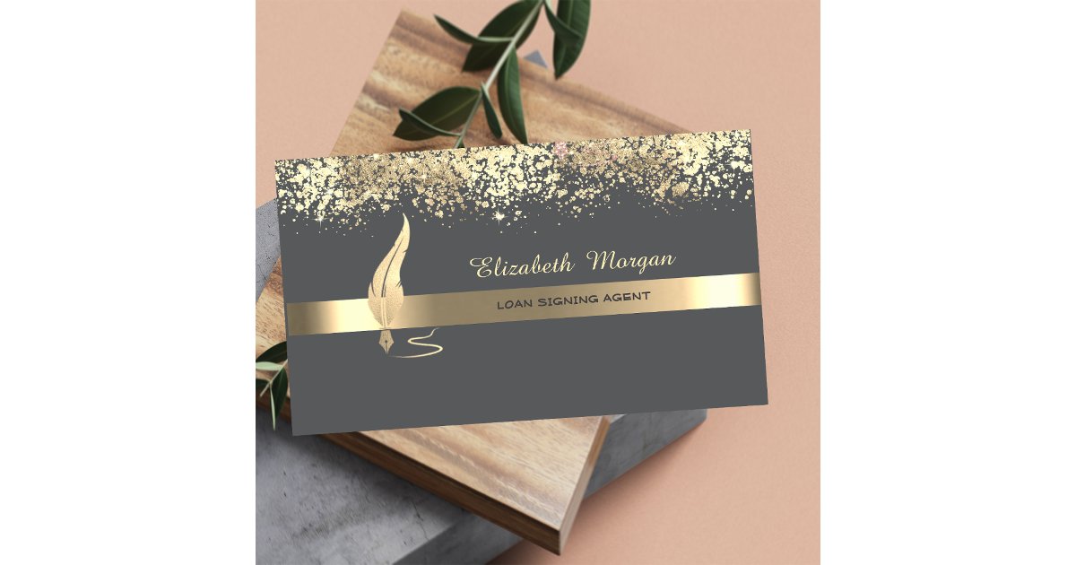 Gold Feather Stripe Grey Notary Business Card | Zazzle
