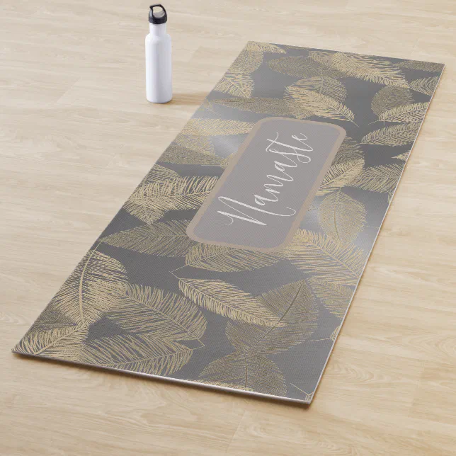 Gold Feathers on Sleek Silver Personalized Yoga Mat | Zazzle