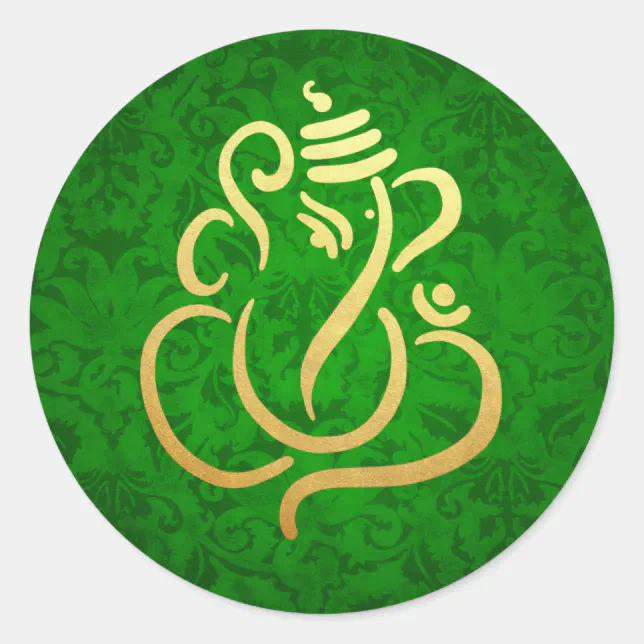 Gold Festive Ganesh | Indian God Damask Green Classic Round Sticker ...