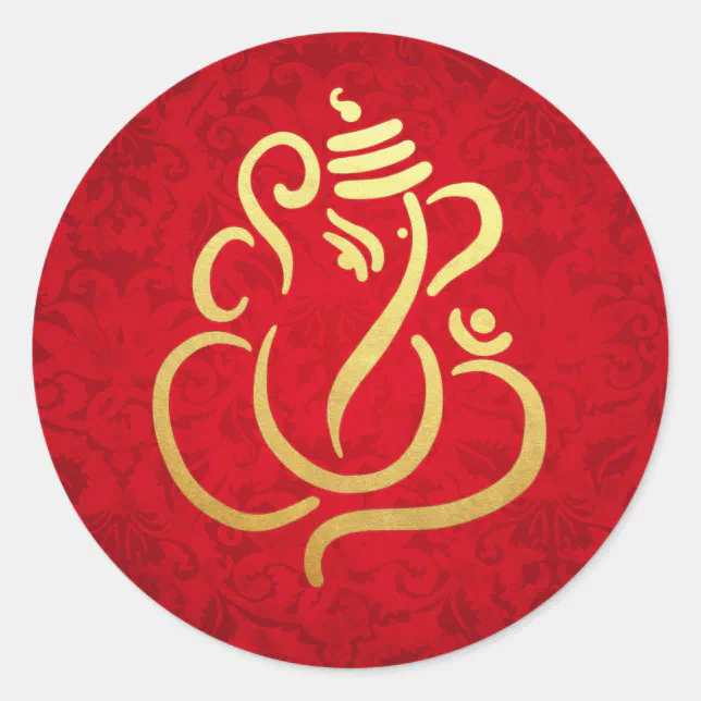 Gold Festive Ganesh | Indian God Damask Red Classic Round Sticker | Zazzle
