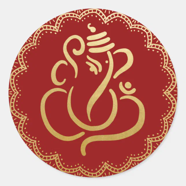Gold Festive Ganesh | Indian God Red Classic Round Sticker | Zazzle