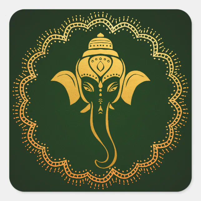 Gold Festive Ganesh | Indian Wedding Green Square Sticker | Zazzle