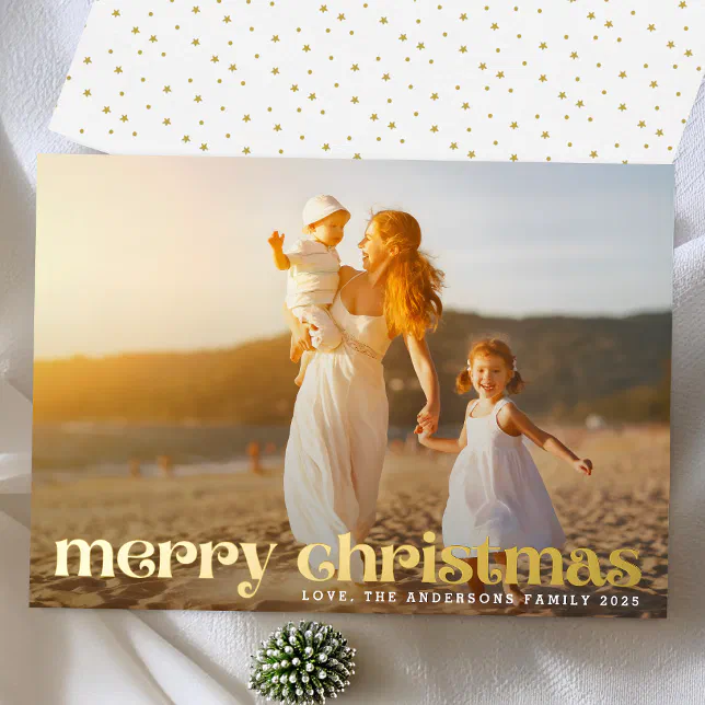 Gold Festive Photo Merry Christmas Foil Holiday Card | Zazzle