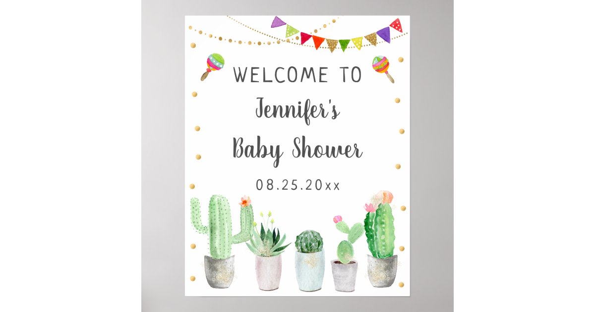 Gold Fiesta Cactus Baby Shower Welcome Poster | Zazzle