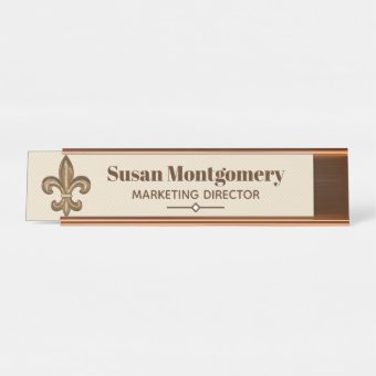 Gold Fleur de Lis & White Lattice Taupe Desk Name Plate | Zazzle