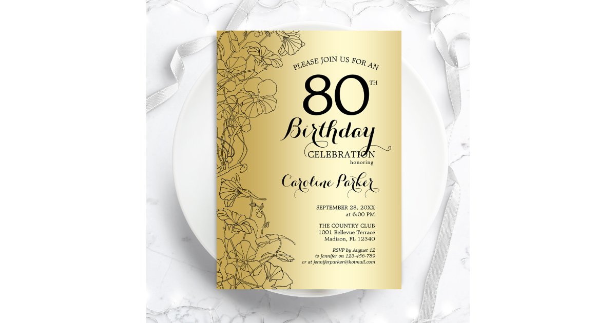 Gold Floral 80th Birthday Party Invitation | Zazzle