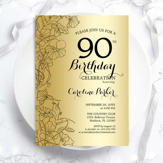 Gold Floral 90th Birthday Party Invitation | Zazzle