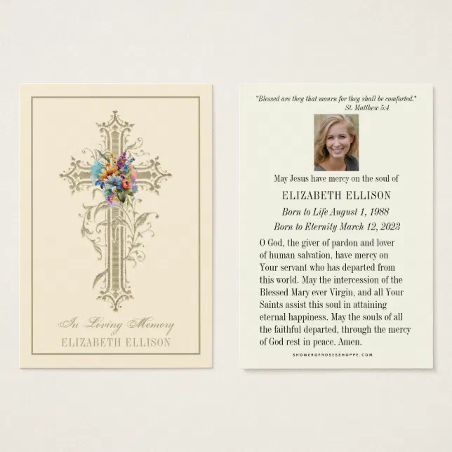 Gold Floral Cross Religious Funeral Prayer Card | Zazzle