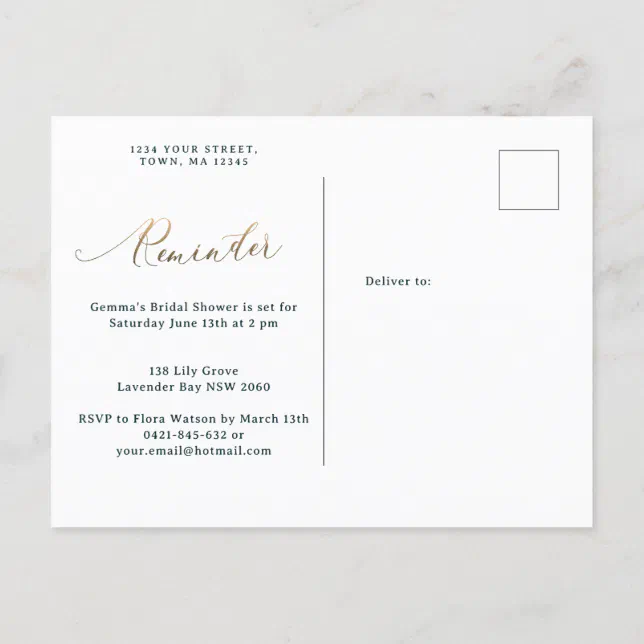 Gold Floral Forest Green reminder RSVP Invitation Postcard | Zazzle