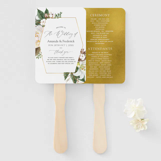 Gold Floral Geometric Wedding Program Hand Fan | Zazzle