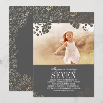 Gold Floral Girl Photo Birthday Party Invitation | Zazzle