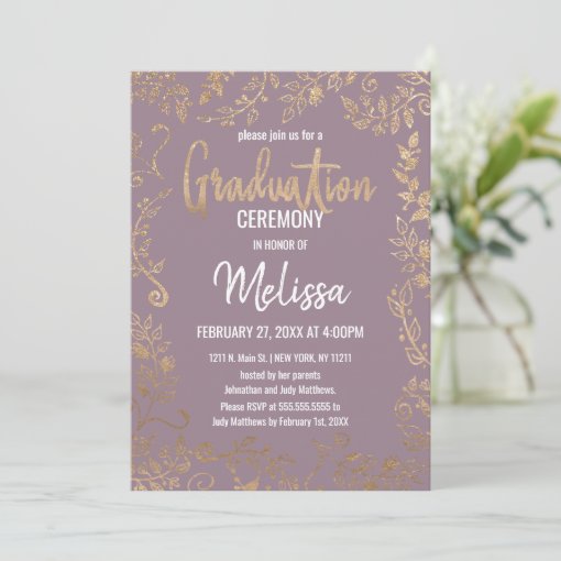 Gold Floral Glitter Ombre Mauve Lilac Graduation Invitation | Zazzle
