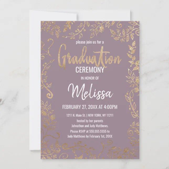 Gold Floral Glitter Ombre Mauve Lilac Graduation Invitation | Zazzle