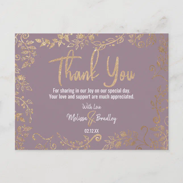 Gold Floral Glitter Ombre Mauve Lilac Thank You Postcard | Zazzle