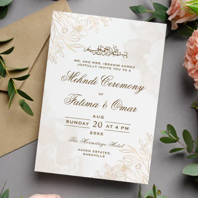 Gold Floral Leaves Muslim Islamic Mehndi Ceremony Invitation | Zazzle