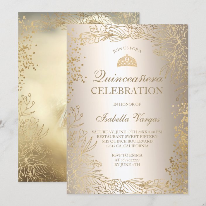 Gold floral metallic photo Tiara chic Quinceañera Invitation | Zazzle