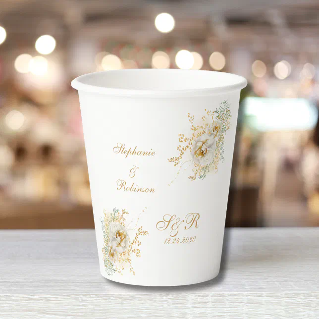 Gold Floral Monogram Logo Wedding Paper Cups | Zazzle