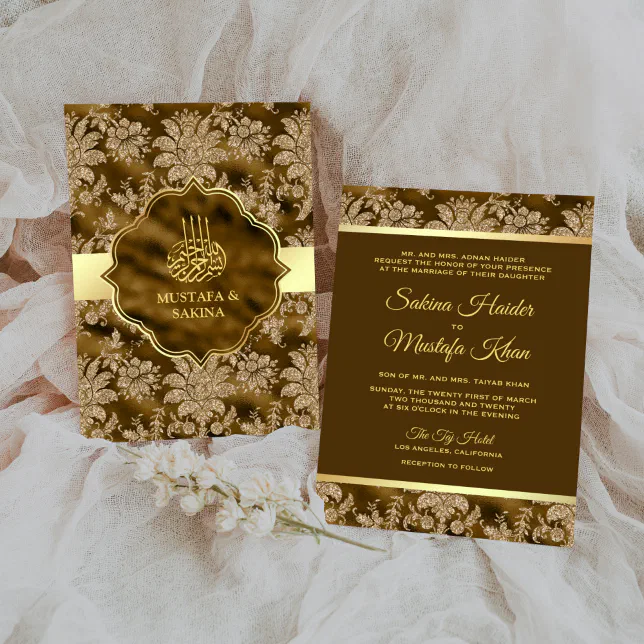 Gold Floral Moss Brown Islamic Muslim Wedding Invitation | Zazzle