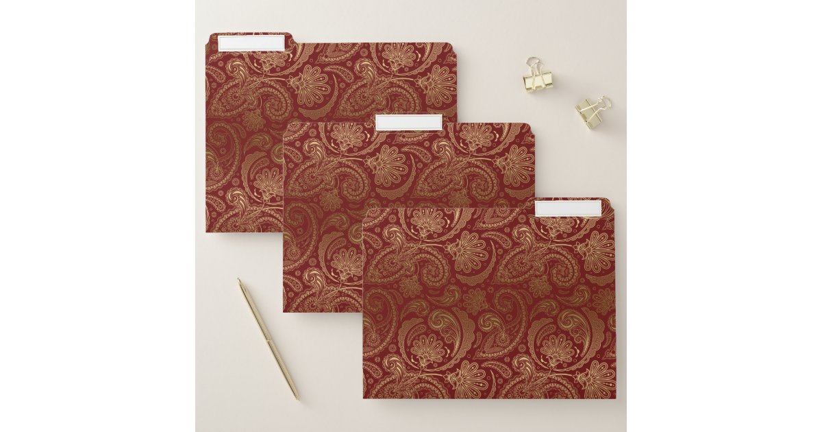 Gold Floral paisley Pattern On Dark Red File Folder | Zazzle