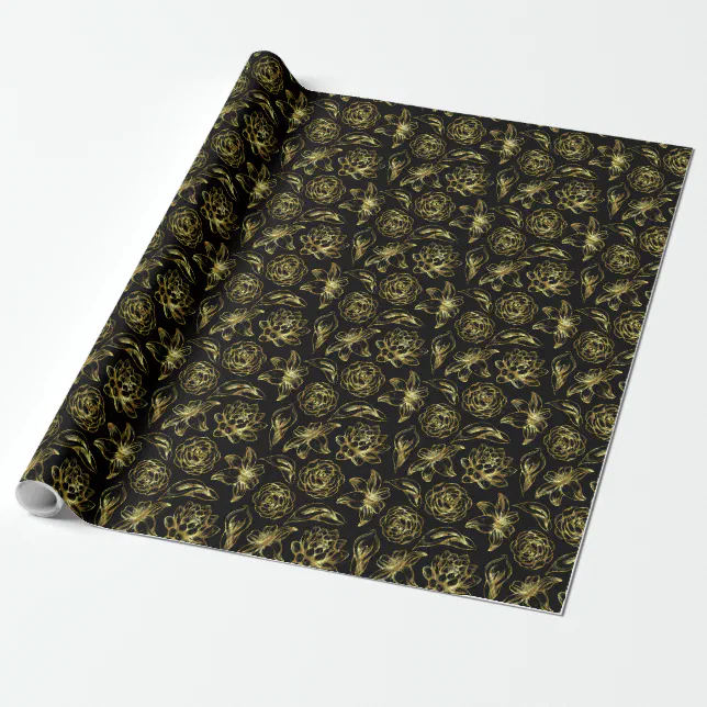Gold Floral Pattern Custom Black Background Wrapping Paper | Zazzle